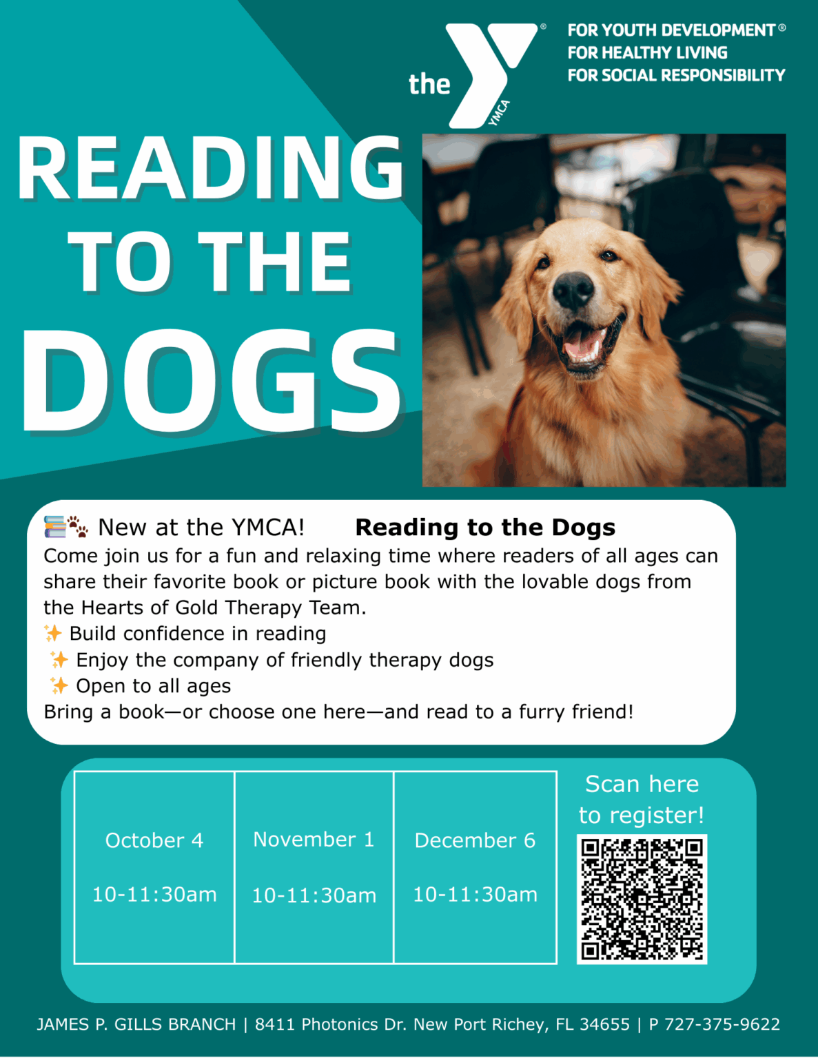 James P. Gills Family YMCA Reading with the Dogs program - Golden ...
